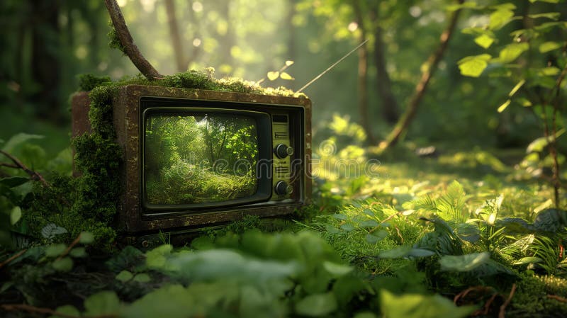 Old TV Set in a Lush Forest, Overgrown with Greenery and Moss Stock ...