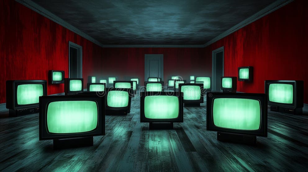 Old TV Sets Displaying Green Static in a Dim Room Stock Photo - Image ...