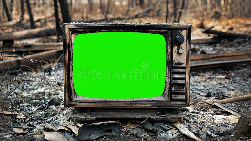 Old Tv Showing Green Screen in Burnt Forest Stock Footage - Video of ...