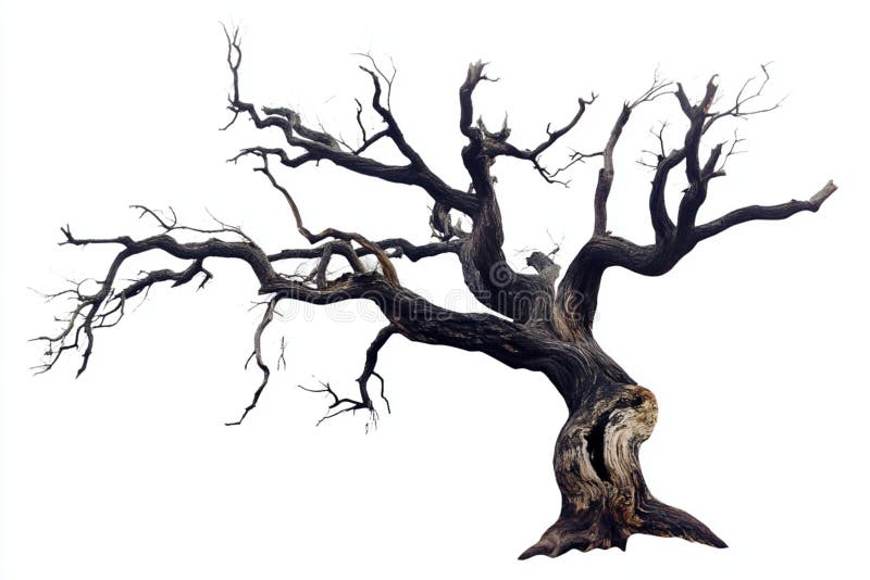 Old Twisted Leafless Tree with Dark Branches Isolated on White ...