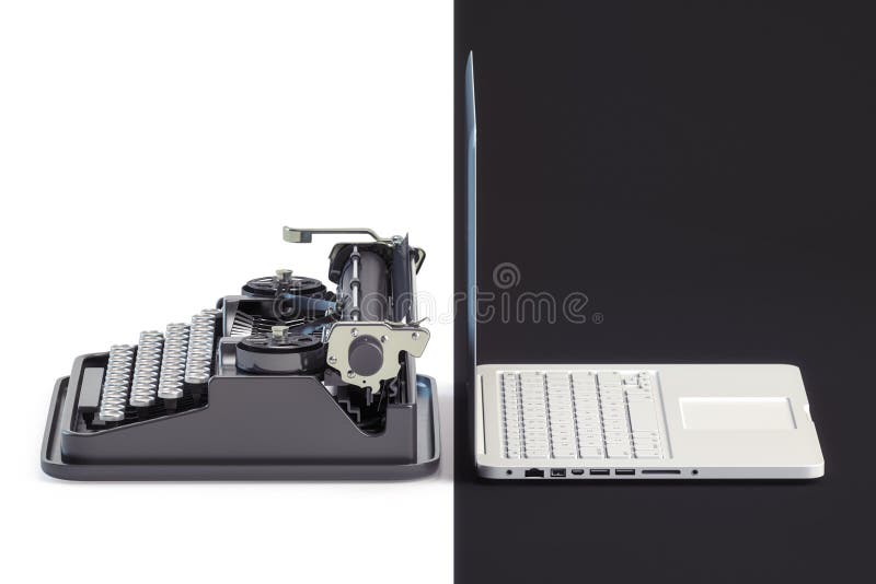 Old Typewriter and Laptop. Black and White, Old and Modern Technologies ...