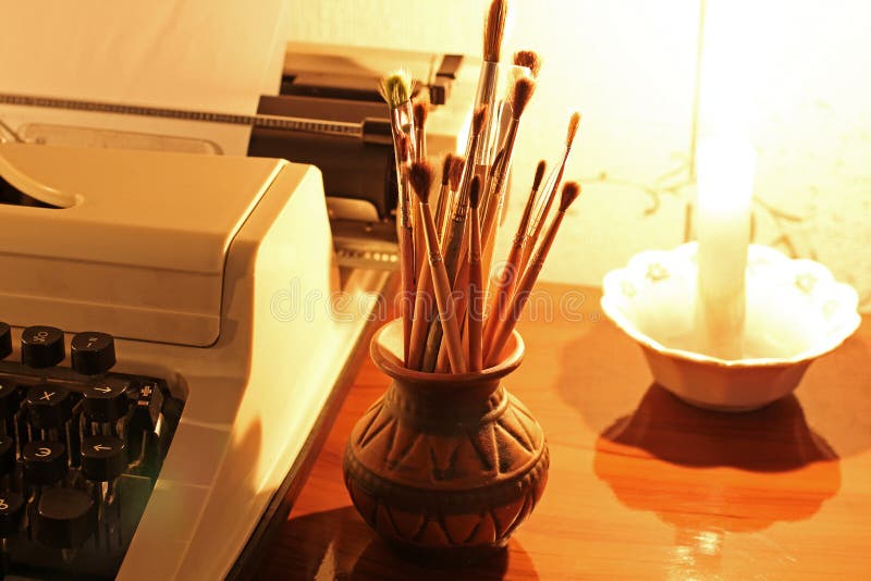 Old Typewriter and Paint Brushes Stock Photo - Image of application ...