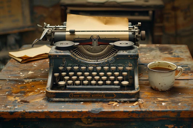 Old Typewriter on a Rustic Wooden Desk, with Vintage Papers and a Cup ...