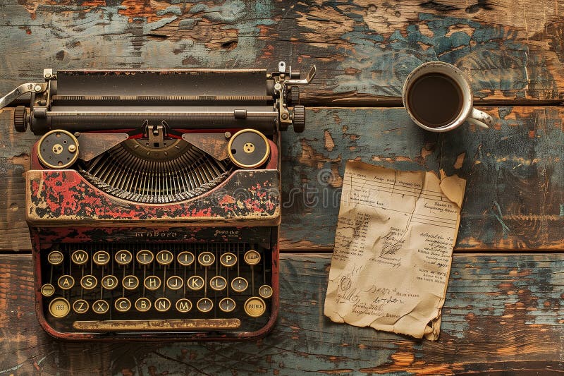 Old Typewriter on a Rustic Wooden Desk, with Vintage Papers and a Cup ...