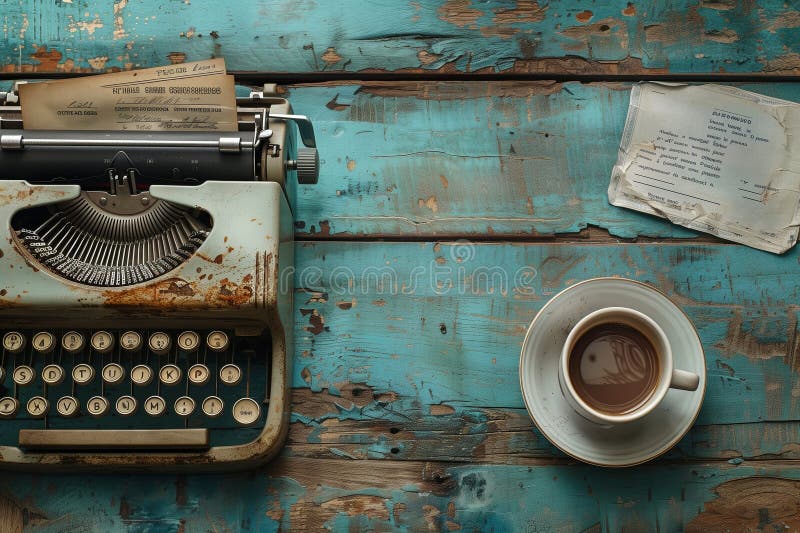 Old Typewriter on a Rustic Wooden Desk, with Vintage Papers and a Cup ...