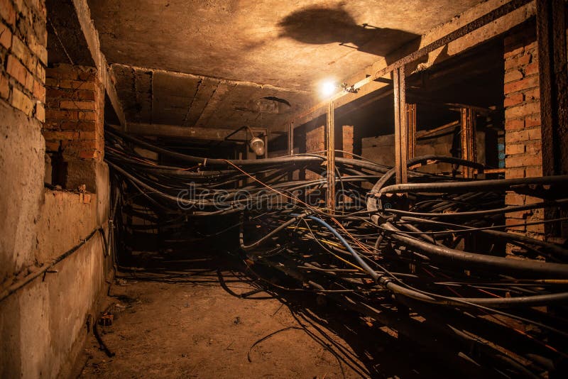 An Old Underground Brickwork Cable Tunnel or Basement with Cables Stock ...