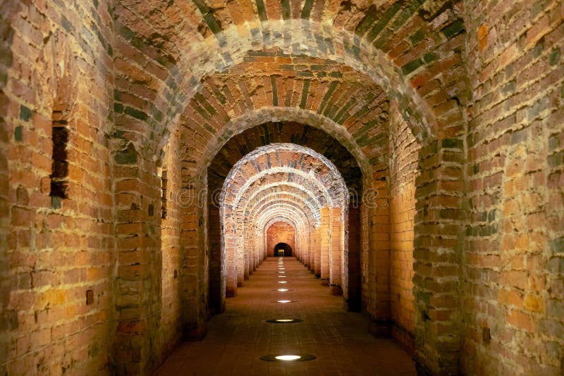 Old Underground Tunnel with Brickwork. Stone Tunnel with Perspective ...