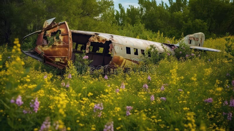 Old Unknown Rusty Abandoned Crashed Plane in Meadow of Wildflowers on ...