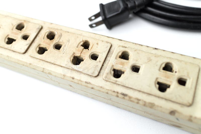 Old and Unsafe Power Strip with Illuminated Switch Isolated on White ...