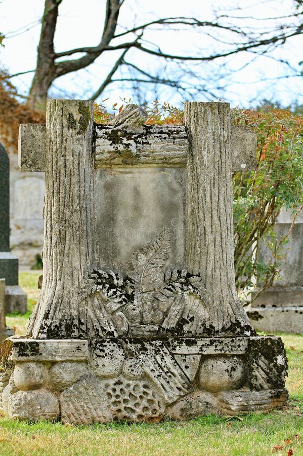 Old Unusual Tombstone Tree Trunks Symbols Stock Photo - Image of branch ...