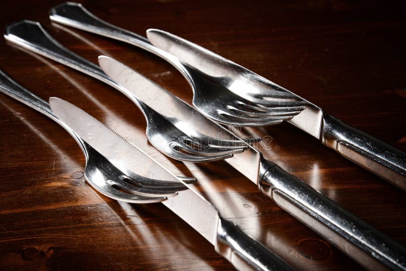 Old Used Cutlery on Dark Wooden Table Stock Image - Image of dieting ...
