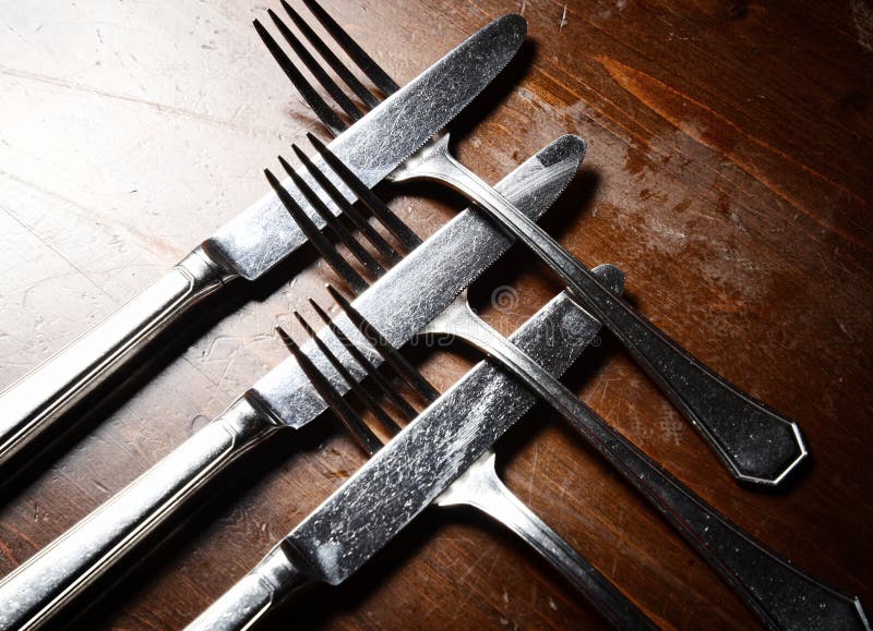 Old Used Cutlery on Dark Wooden Table Stock Photo - Image of ...