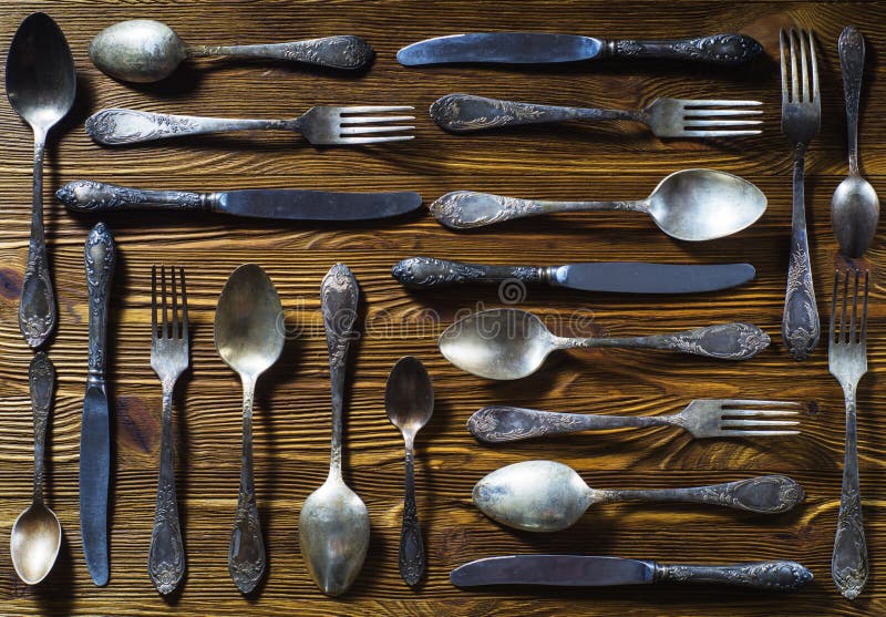 Old Used Cutlery on Rustic Wooden Background Stock Photo - Image of ...