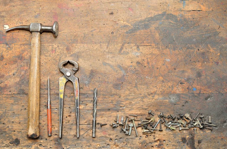Old Used Dirty Workbench with Tools. Stock Image - Image of texture ...