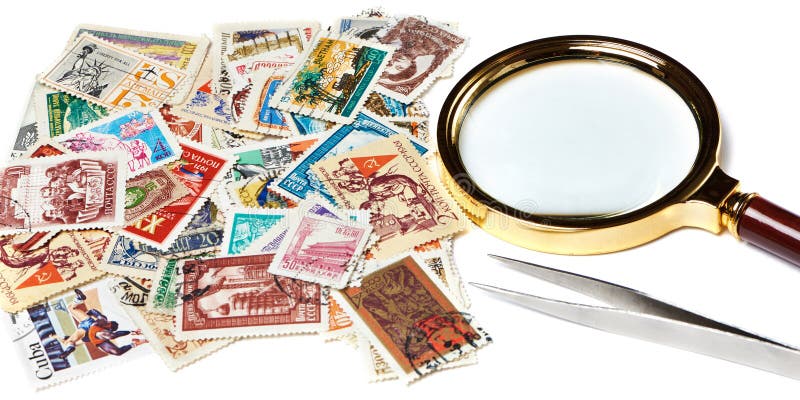 Postage Stamp Under Magnifier with Tweezers Stock Image - Image of mail ...