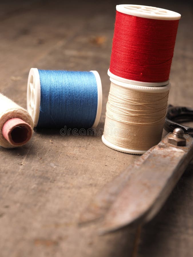 Old Used Sewing Tools on Wood Stock Photo - Image of background, coil ...