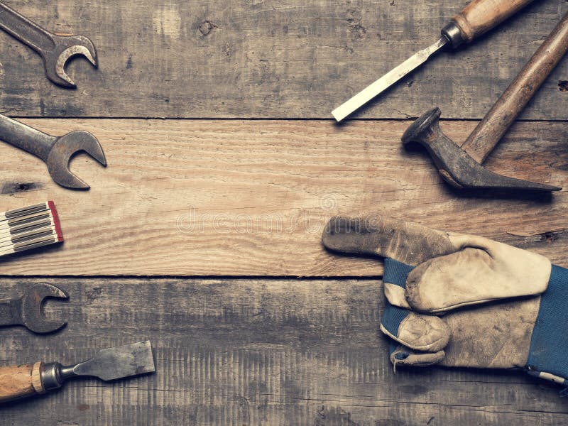 Old Used Tools on a Workbench Stock Image - Image of background ...
