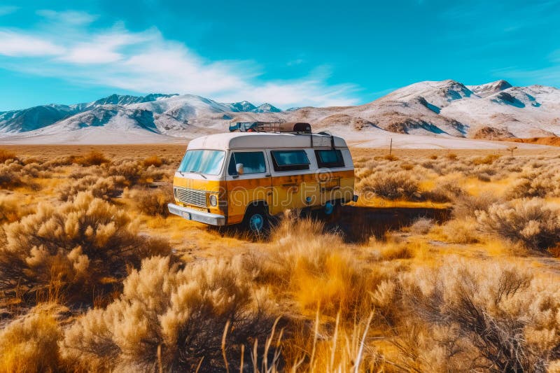 Old Van is Parked in Field with Mountains in the Back Ground ...