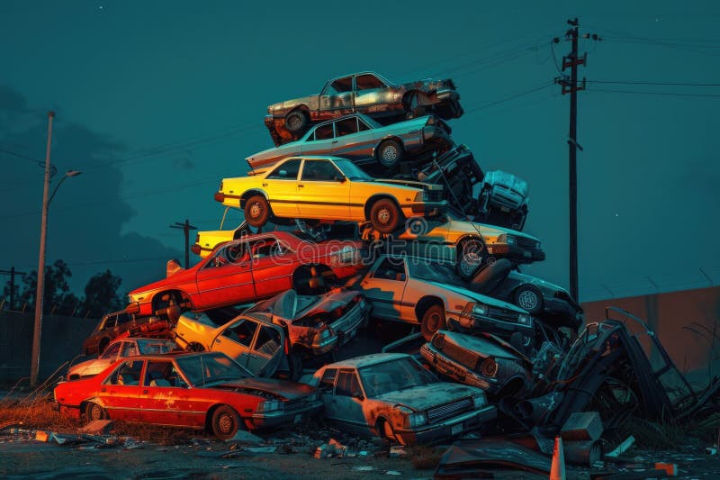 Old Vehicles Piled Up, with Rusty Exteriors and Worn-out Tires Stock ...