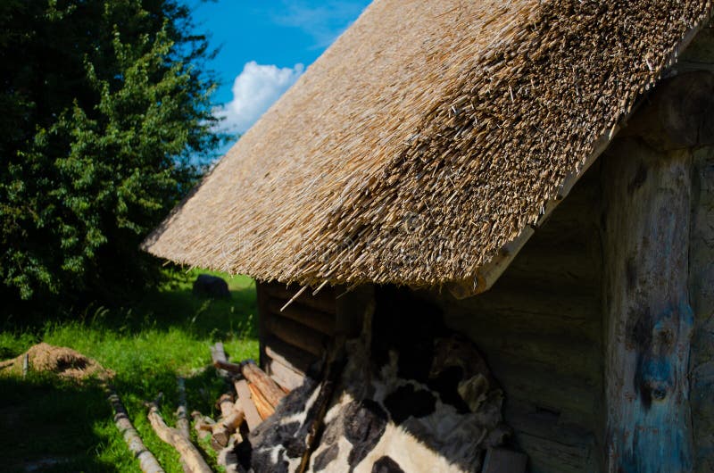 The Old Village. Building Under a Reed Roof Stock Image - Image of ...
