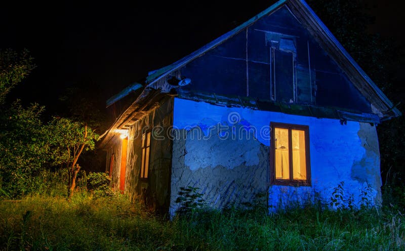 An Old Village House of Clay at Night Stock Photo - Image of europe ...