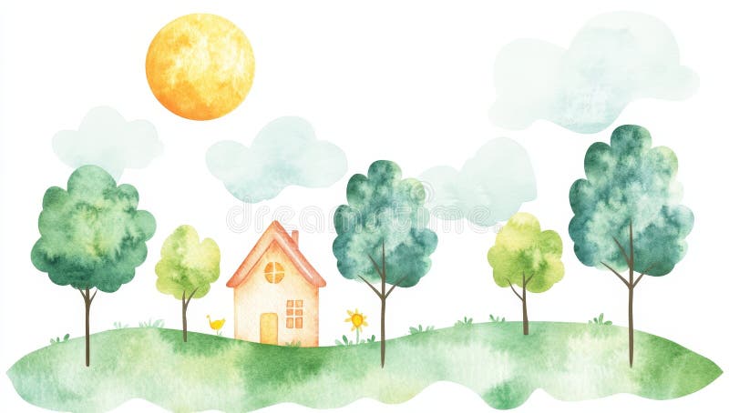 An Old Village House Painted in Spring on a Watercolor Background ...