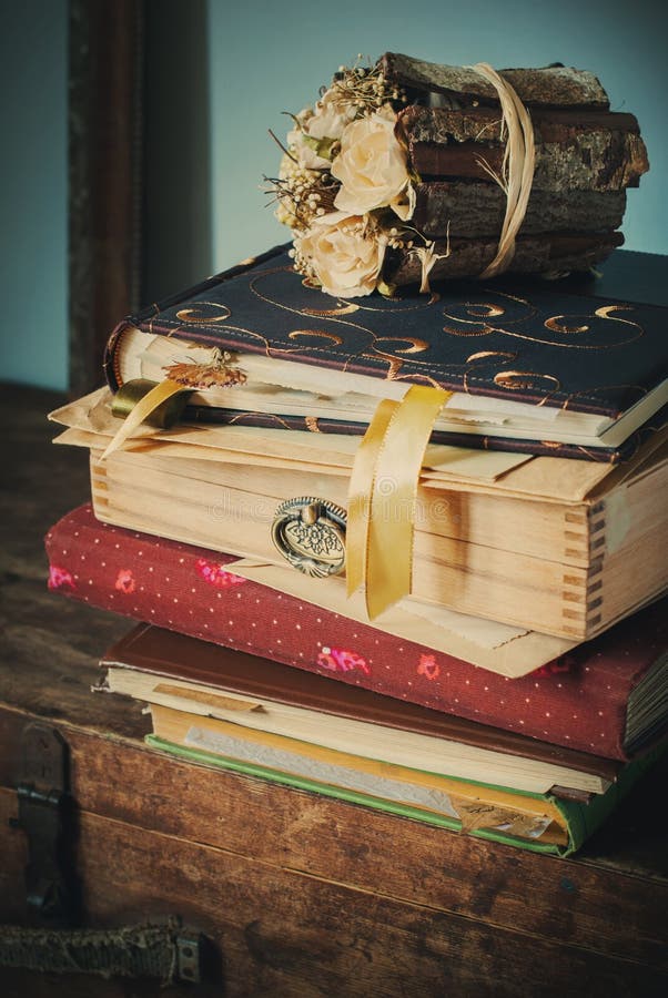 Old Vintage Albums with Boxes and Bouquet Stock Photo - Image of page ...