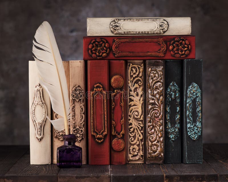 Old Vintage Books on Shelf, Antique Inkwell and Feather Stock Photo ...