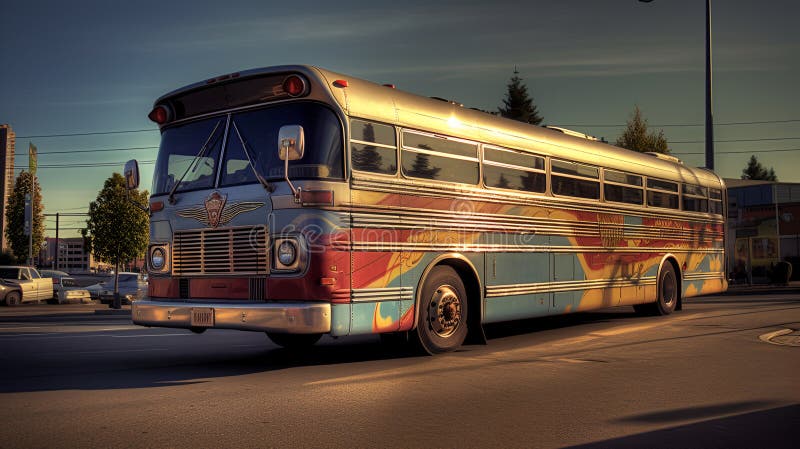 Old Vintage Bus on a Small City Road Stock Illustration - Illustration ...