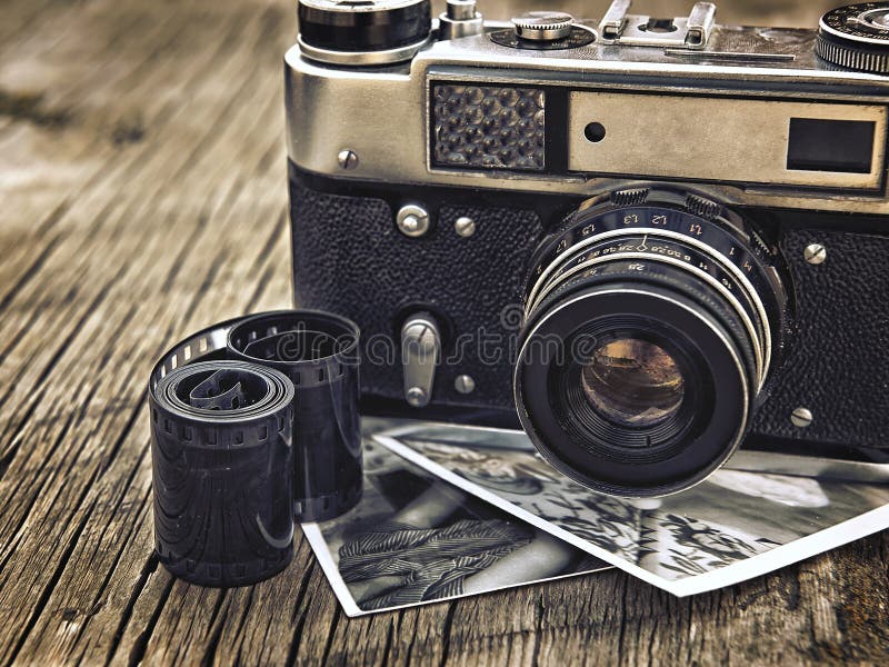 Old Vintage Camera Closeup on Wooden Background Stock Photo - Image of ...