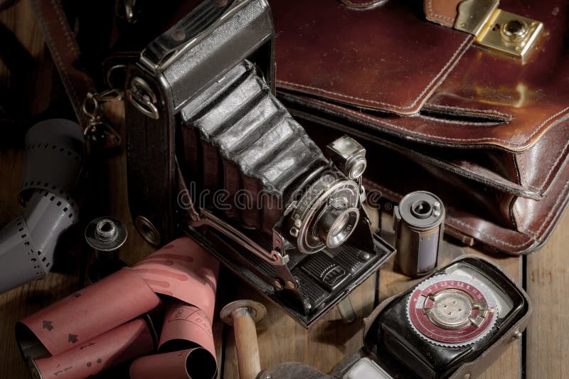 Vintage Camera in the Studio on an Old Background Stock Image - Image ...