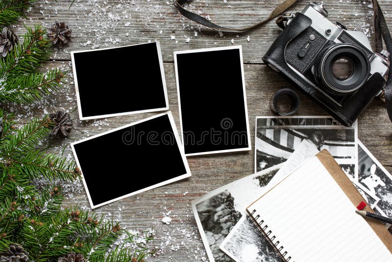 Old Vintage Camera and a Stack of Photo Frames Stock Image - Image of ...