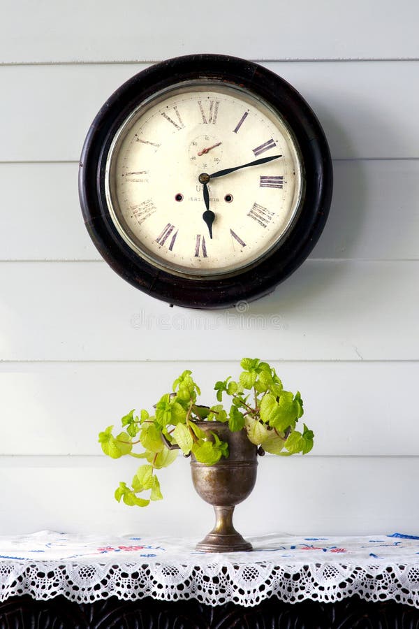 Old Vintage Clock on White Wooden Wall with Mint Tree in Vase on Stock ...