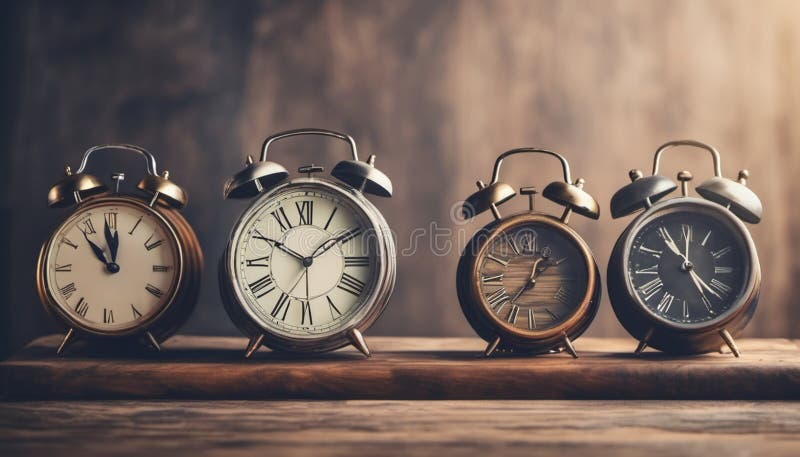 Old Vintage Clocks on the Wooden Table. Stock Illustration ...