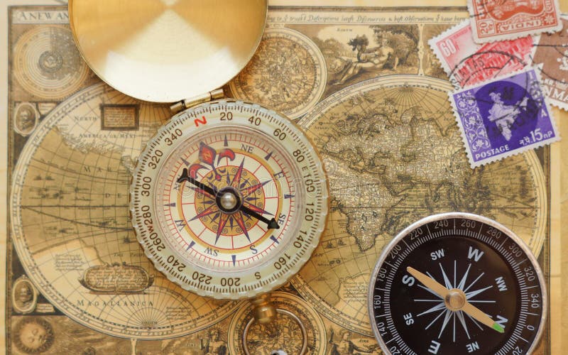 Old Vintage Compass on Ancient Map. Stock Image - Image of metal ...