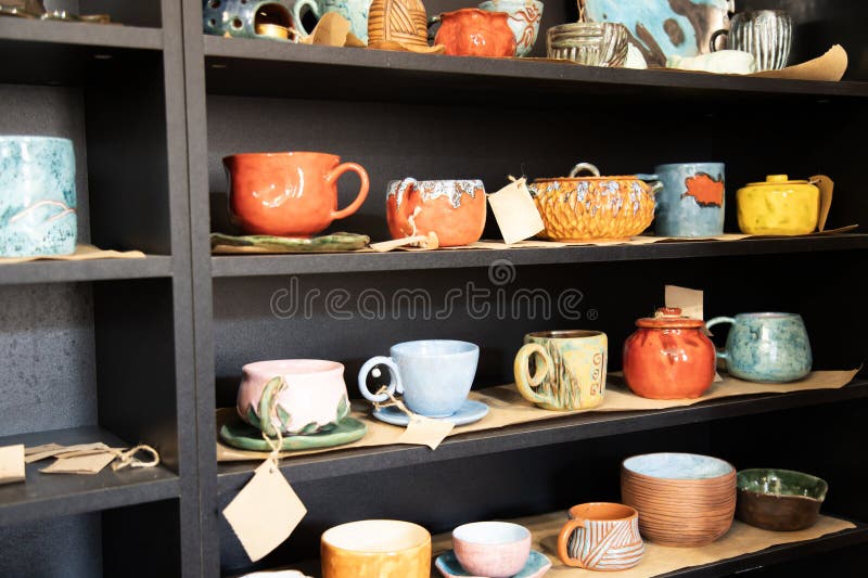 Old Vintage Craft Ceramic Table Ware on Shelves. Stock Image - Image of ...
