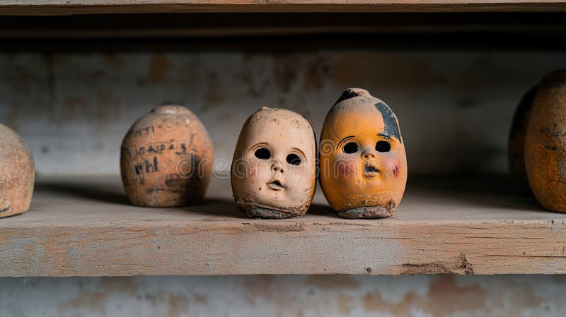 Old Vintage Dolls with Worn Features Showcased on a Rustic Wooden Shelf ...