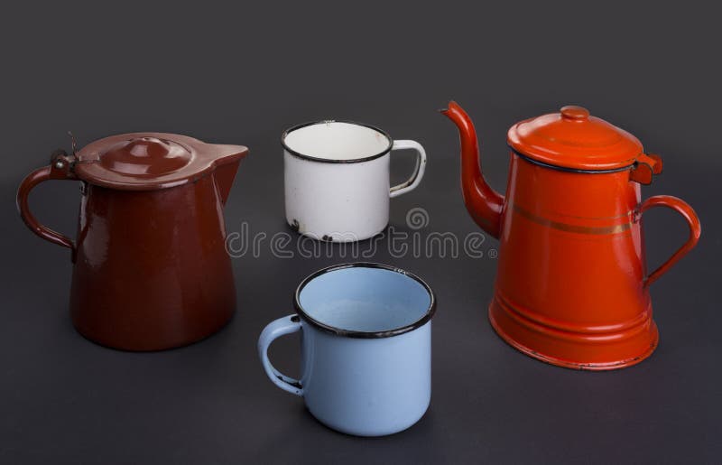 Old Vintage Enamel Teapot and Cup Stock Image - Image of decoration ...