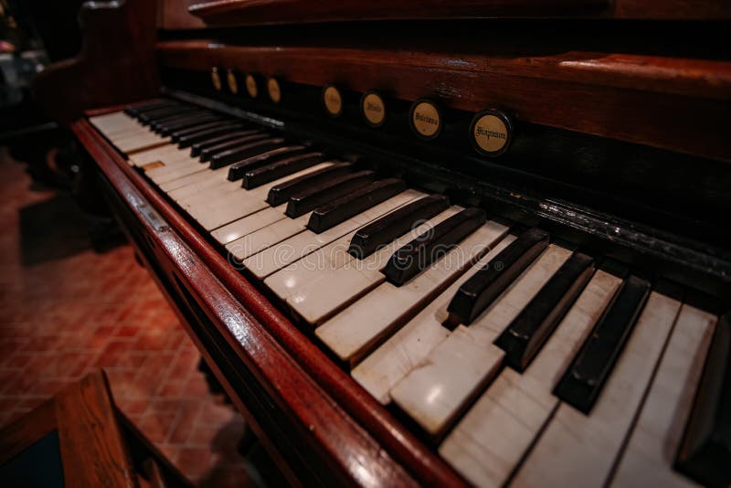Old Vintage Harmonium Piano Keyboard. Close Up View Stock Photo - Image ...