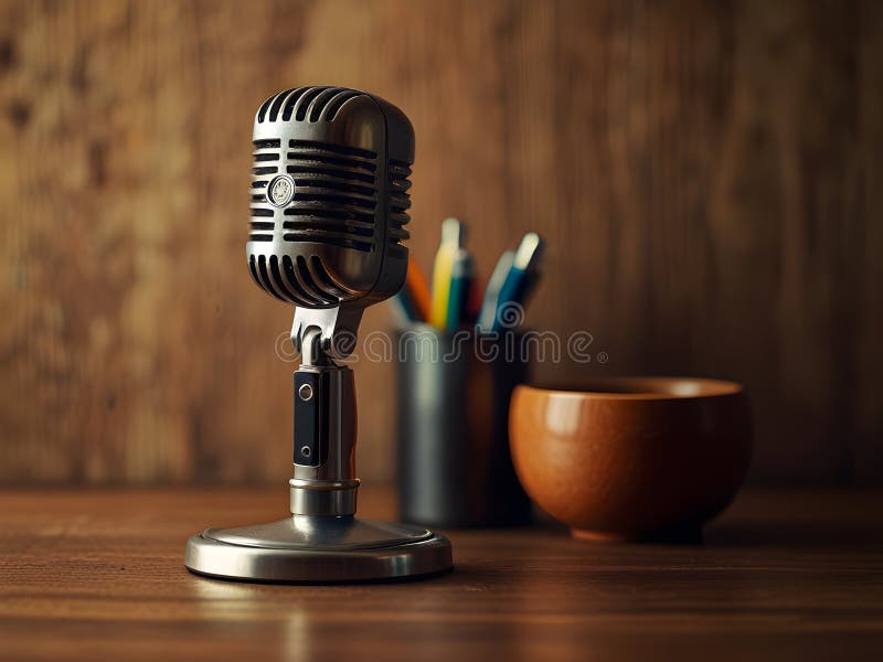 Old Vintage Microphone on Table Stock Illustration - Illustration of ...