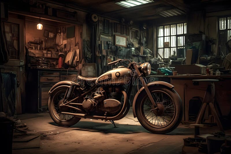 Old Vintage Motorcycle in the Garage. Neural Network AI Generated Stock ...