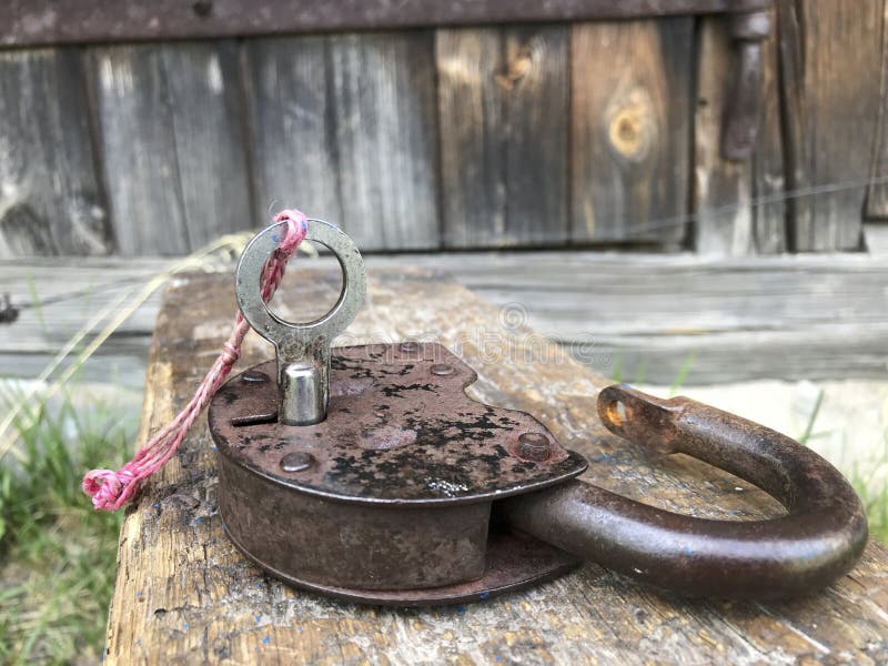 Old Vintage Padlock. the Lock of the Lock is Open. the Key is Inserted ...