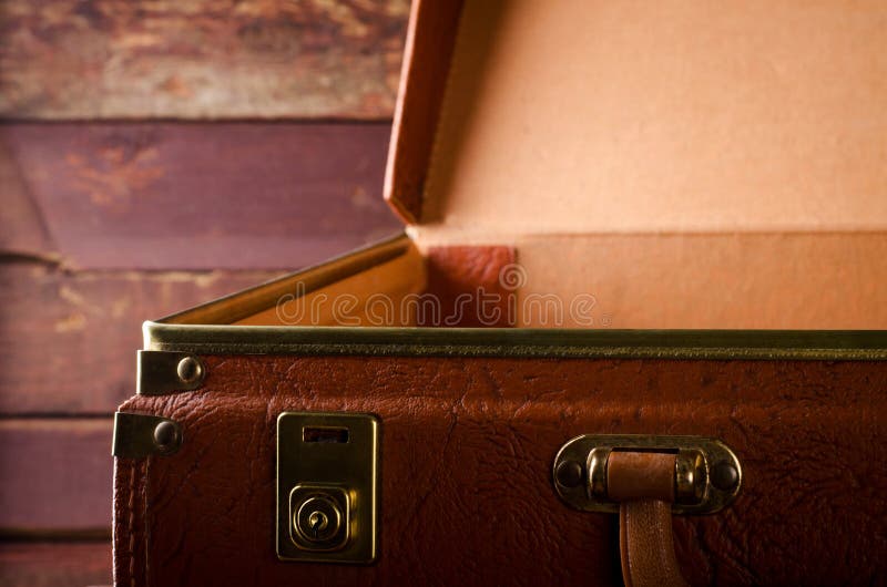 Old Vintage, Retro Open Suitcase on Dark Background. Front View Stock ...