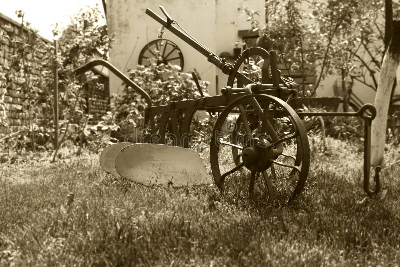 Old Vintage Rustic Agriculture Plow in Backyard Stock Image - Image of ...