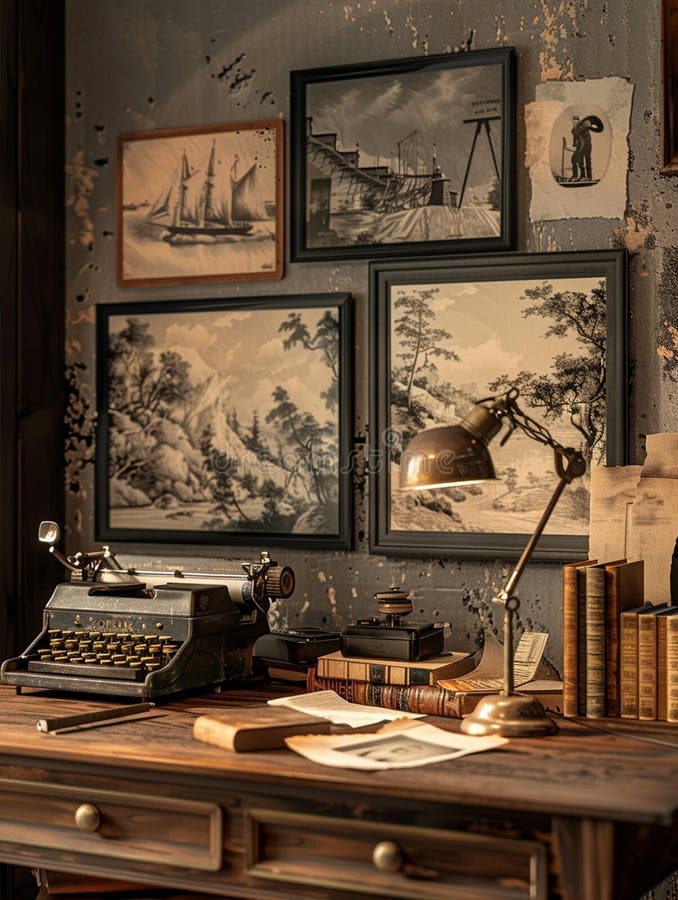 Old Vintage 90s Office Table with Typewritter Papers, Computers, and ...