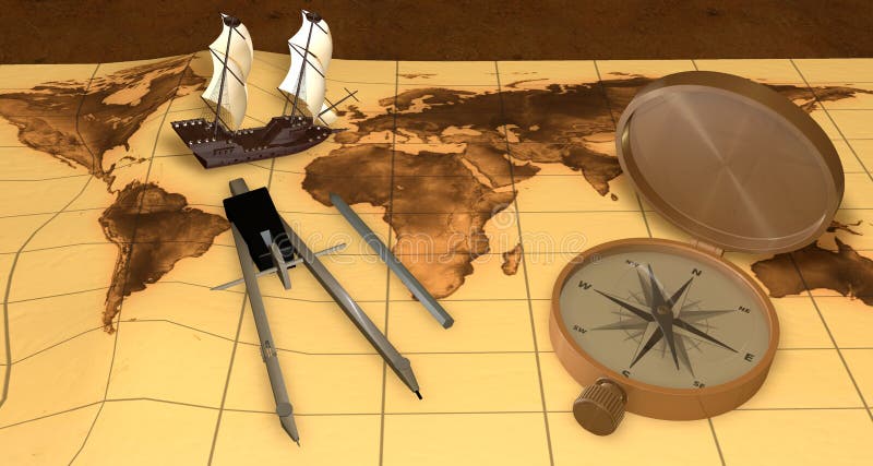 Old Vintage Sailing Ship and Map Stock Illustration - Illustration of ...