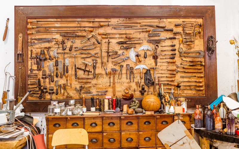 Old Vintage Tools on the Board in Leather Craft Workshop, Manual Work ...