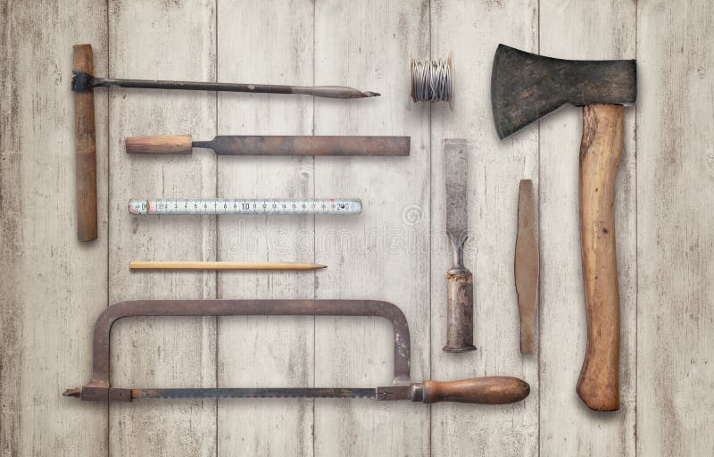 Old Vintage Tools on Wooden Table. Traditional Handmade Tools for ...