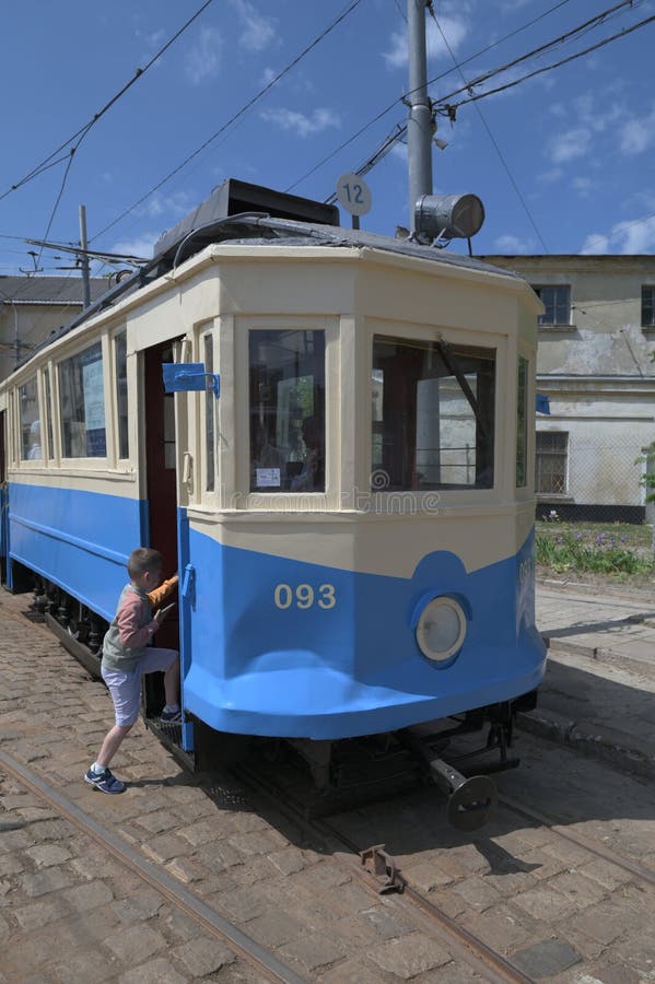 Old Vintage Tram Sanok SW1 in the Garage at the Depot in Lviv Editorial ... Old Vintage Tram Sanok SW1 in the Garage at the Depot in Lviv Editorial ...