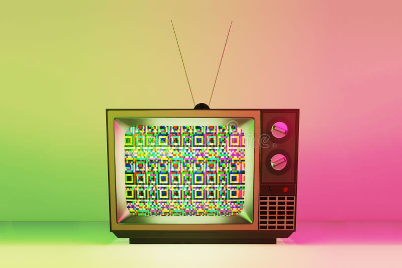 Old Vintage TV with Glitch Screen in an Empty Room Stock Illustration ...